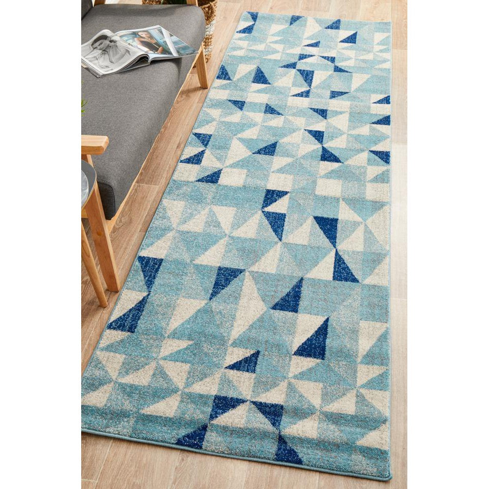 Optica Illusion Modern Geo Blue Ivory Runner Rug